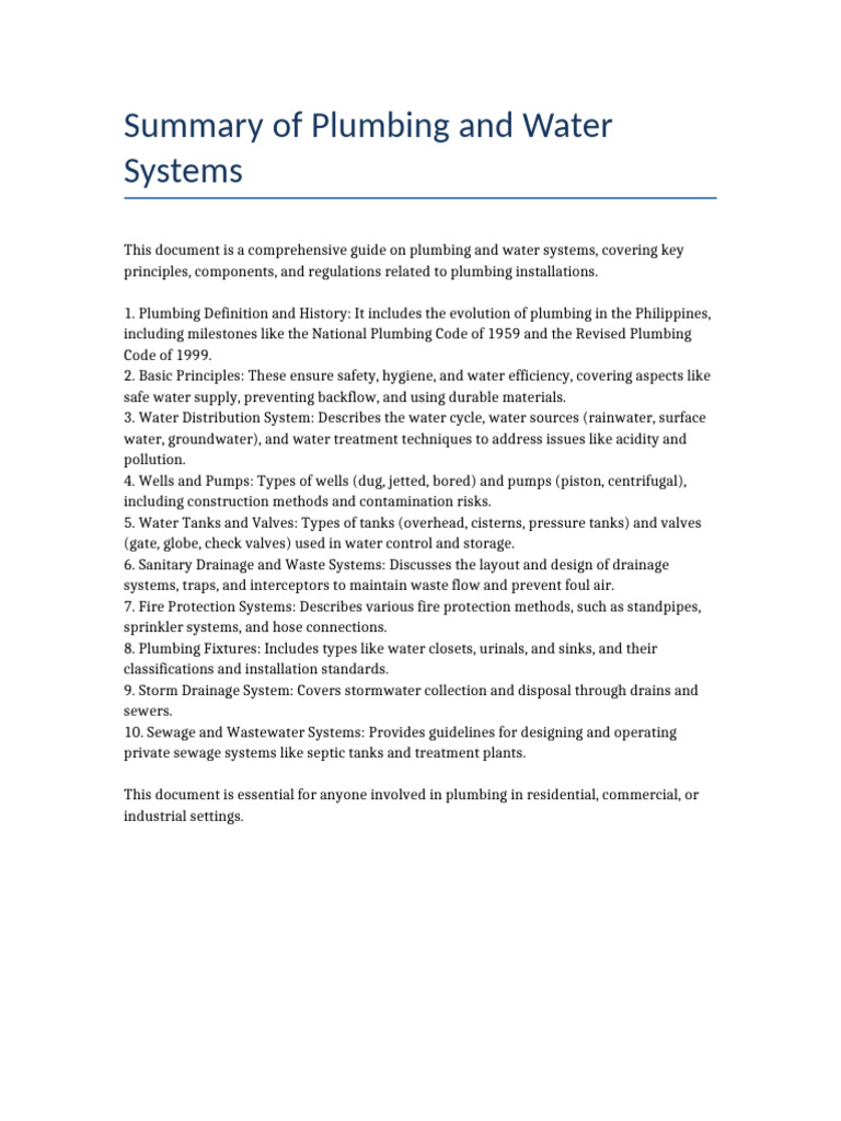 Plumbing and Water Systems Summary | PDF