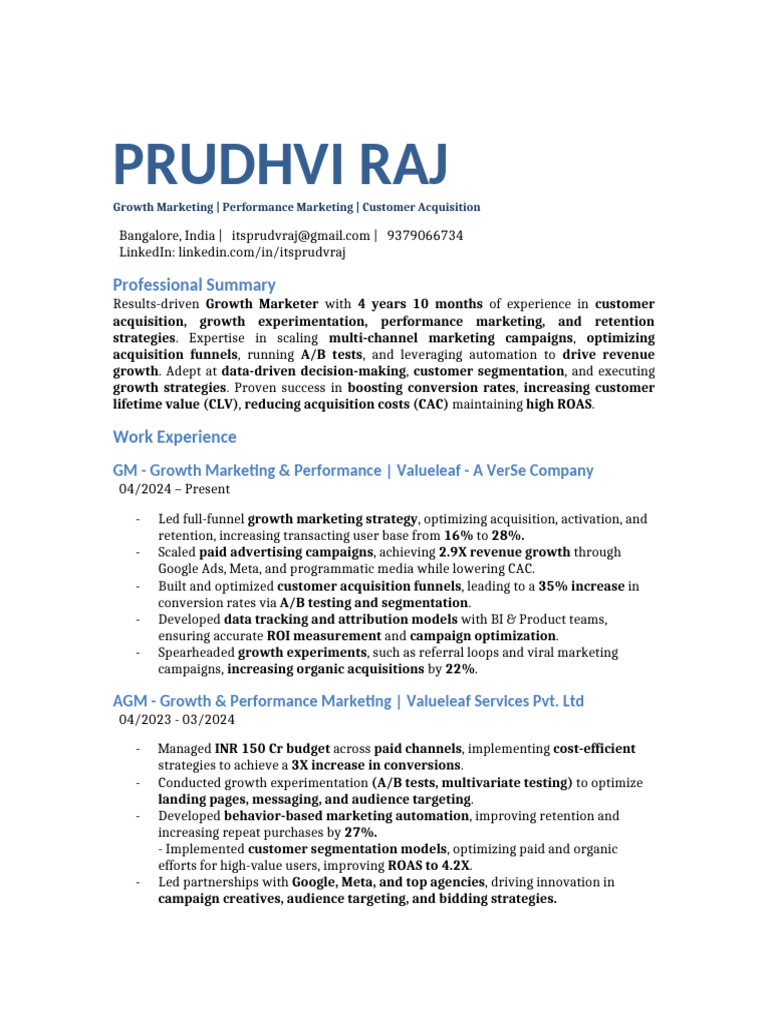 Prudvi Raj Resume Growth | PDF | Marketing | Customer Relationship Management
