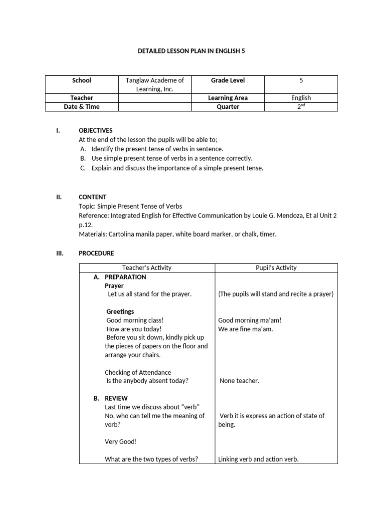 Detailed Lesson Plan in English 5 | PDF | Verb | Grammatical Tense
