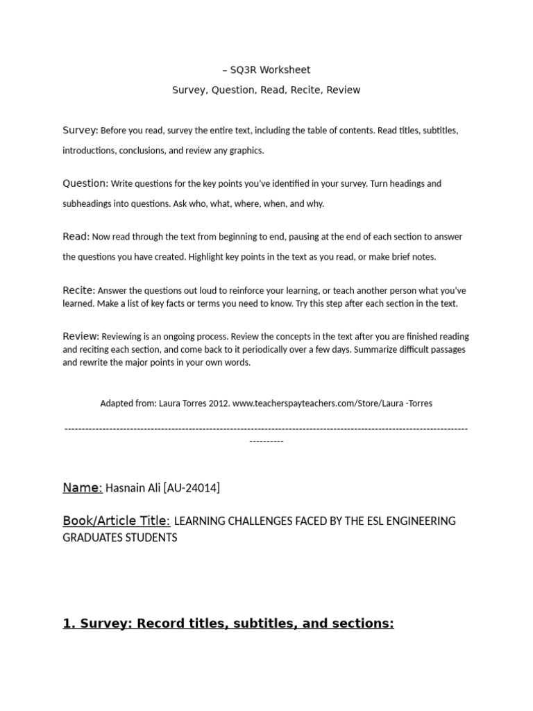 SQ3R Worksheet AU 24014 | PDF | English As A Second Or Foreign Language ...