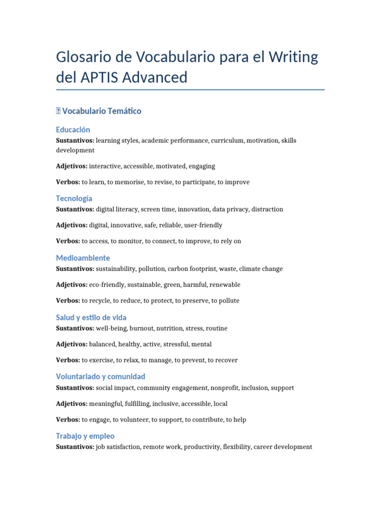 Glosario_Vocabulario_APTIS_Advanced_Writing | PDF