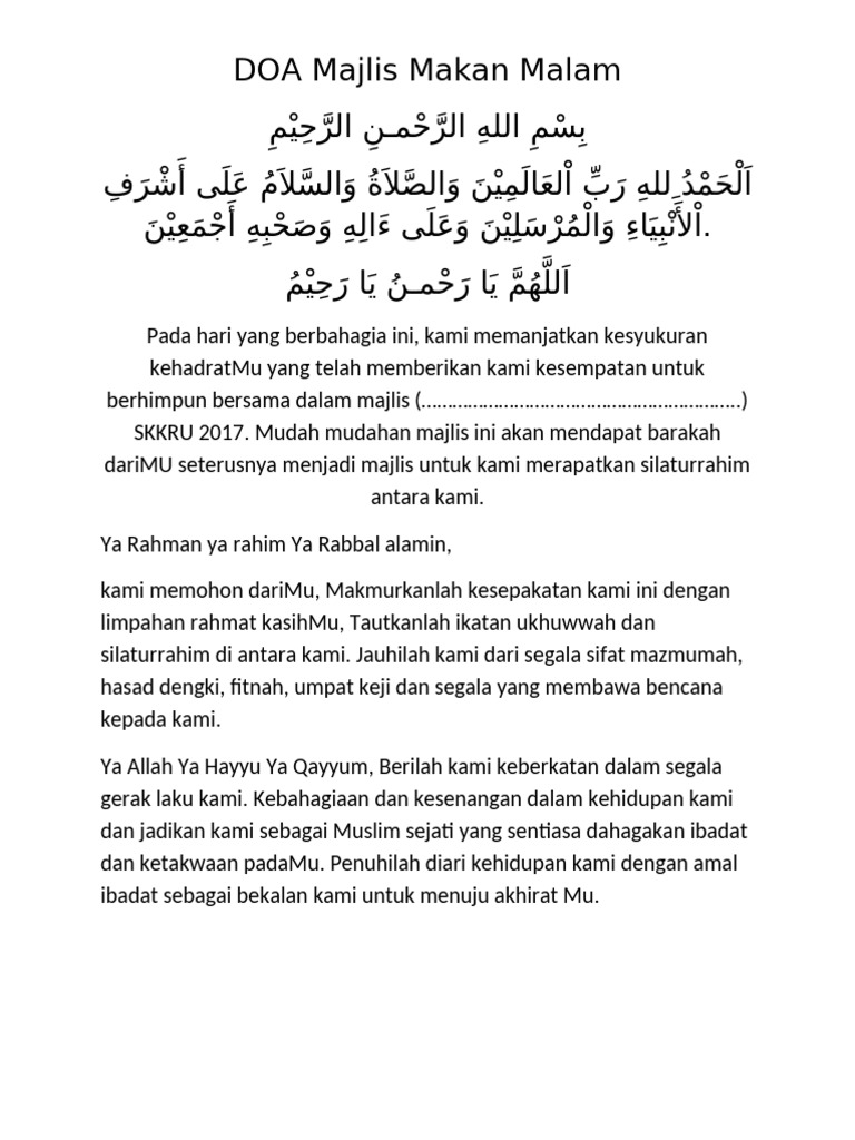 Doa Majlis Makan Malam Ringkas | PDF