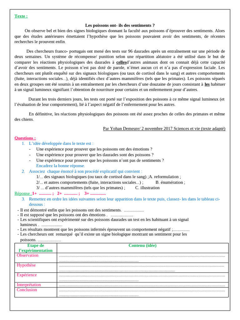 Devoir 2ème LG Corrigé - Docx Version 1 | PDF | Émotions | Poisson