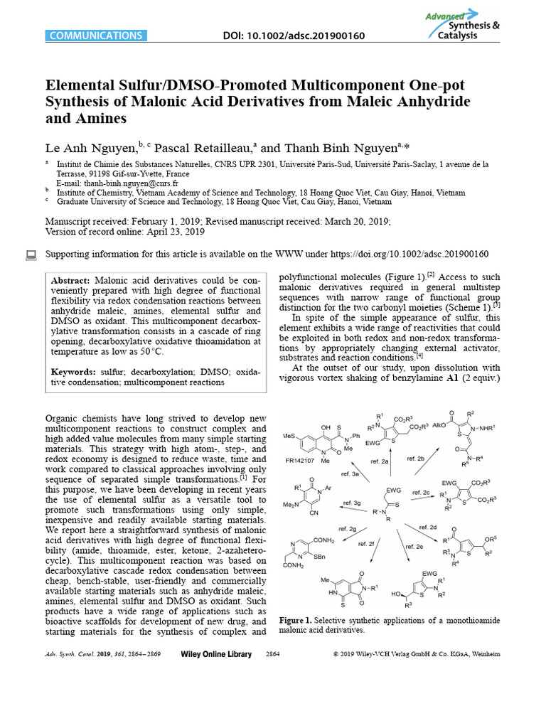 Elemental Sulfur/DMSO-Promoted Multicomponent One-Pot | PDF | Amine | Chemical Reactions
