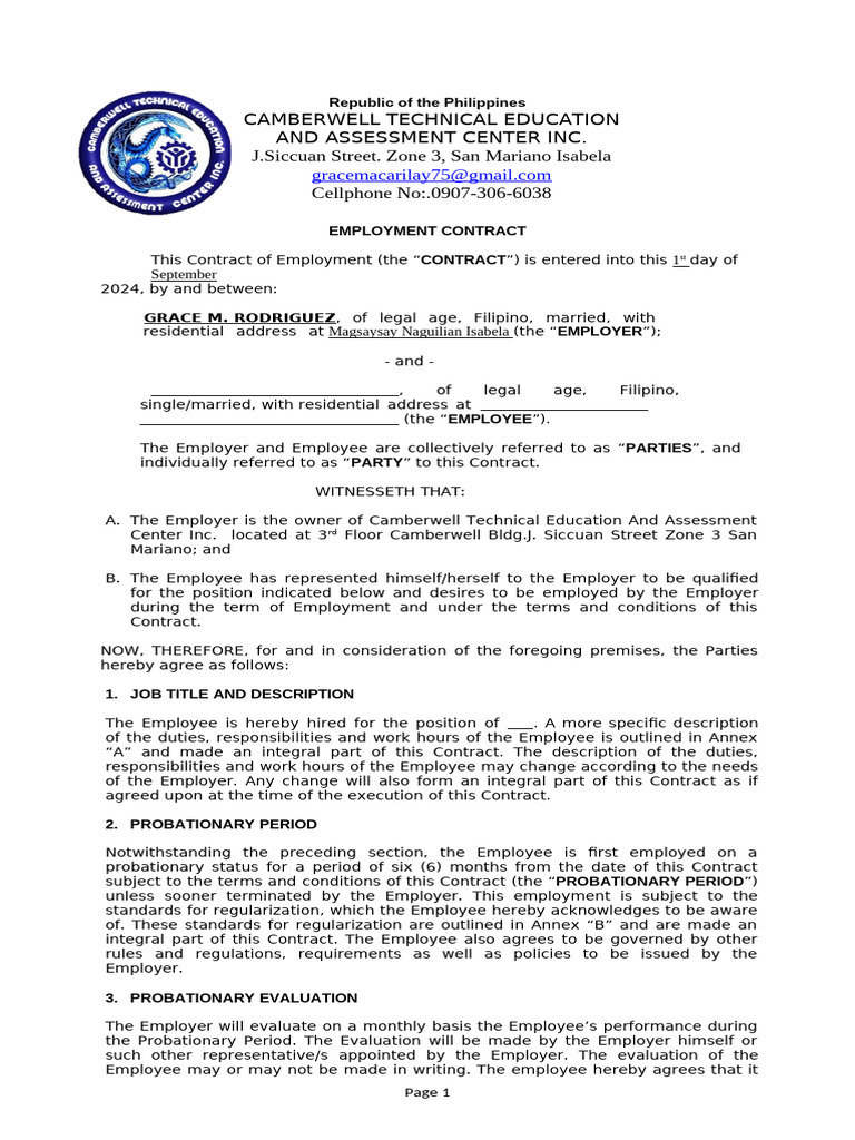 EMPLOYMENT CONTRACT | PDF | Employment | Salary