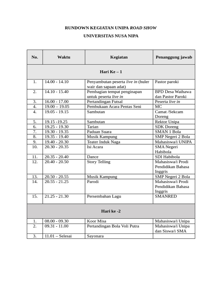 RUNDOWN KEGIATAN LIVE IN | PDF