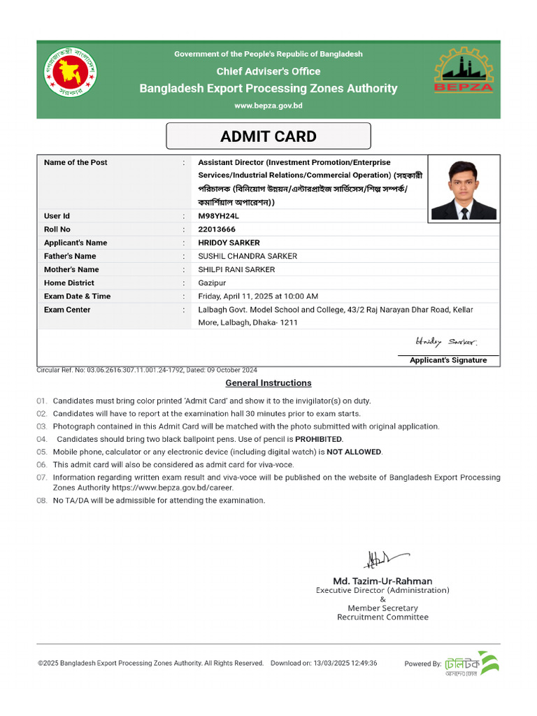 AdmitCard BEPZAR M98YH24L | PDF