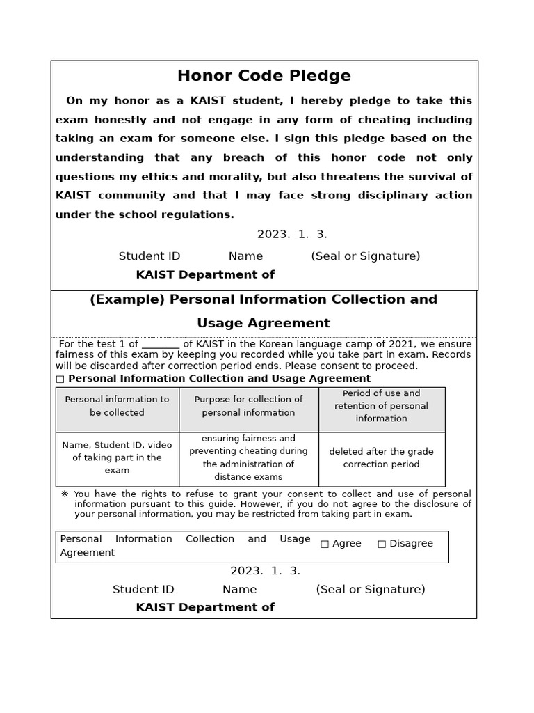 2023 - Honor Code Pledge and Personal Information Collection and Usage ...