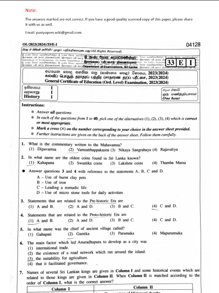 OL History Past Paper and Answers English Medium | PDF