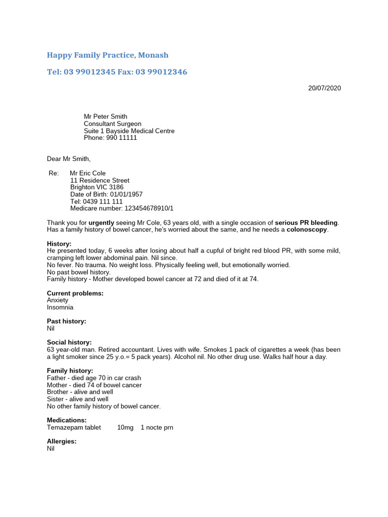Colonoscopy Referral for Mr. Eric Cole | PDF | Diseases And Disorders ...
