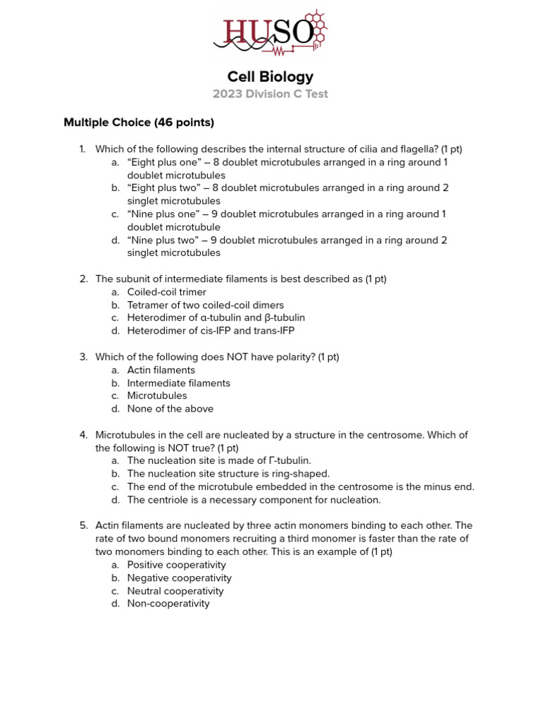 2023 Div C Cell Biology Test | PDF | Microtubule | Electron Transport Chain
