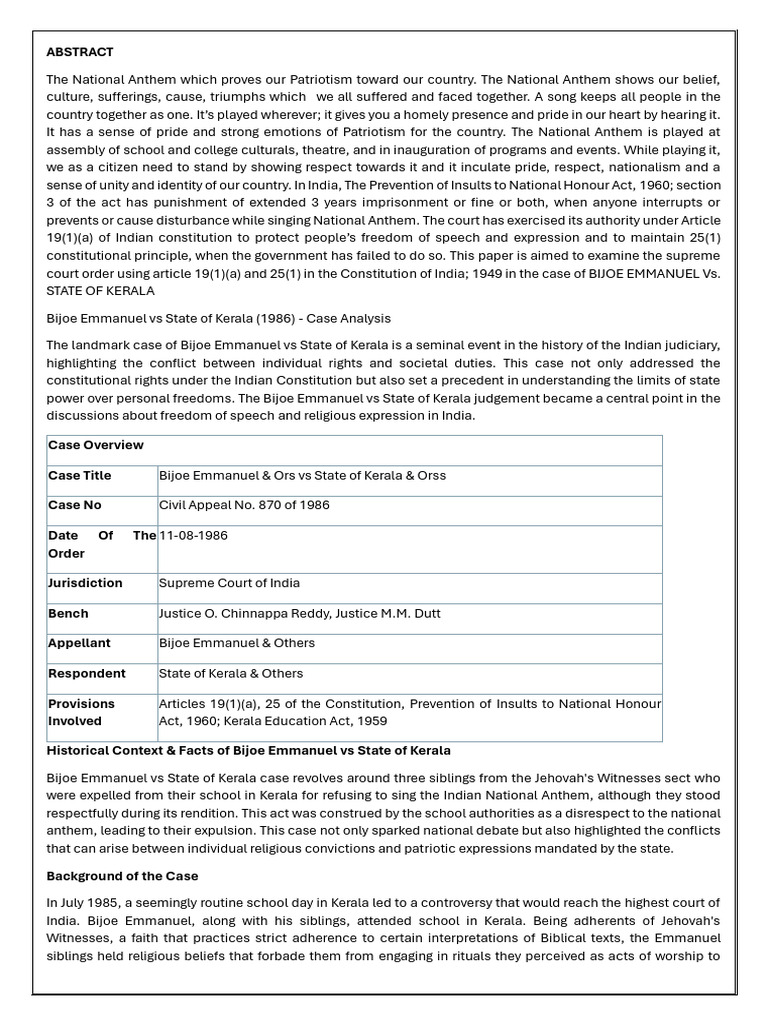Bijoe Emmanuel vs State of Kerala Case Analysis | PDF | Government ...