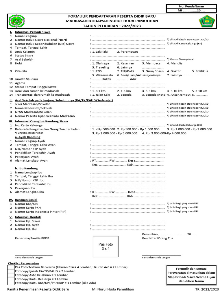 Formulir Pendaftaran Siswa Baru | PDF