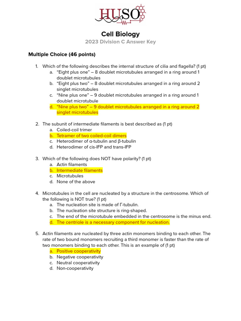 2023 Div C Cell Biology Answer Key | PDF | Microtubule | Electron ...