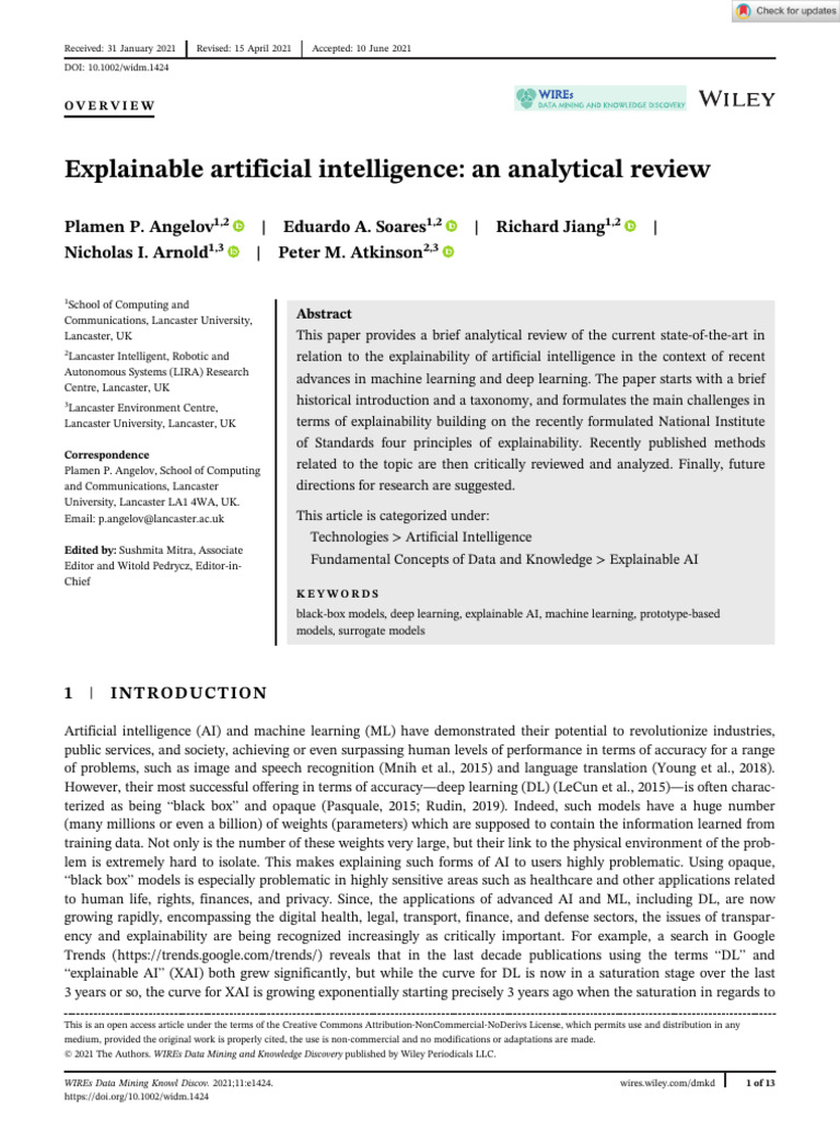 WIREs Data Min Knowl - 2021 - Angelov - Explainable Artificial Intelligence An Analytical Review ...