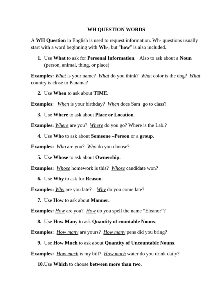 WH Question Words Explained | PDF