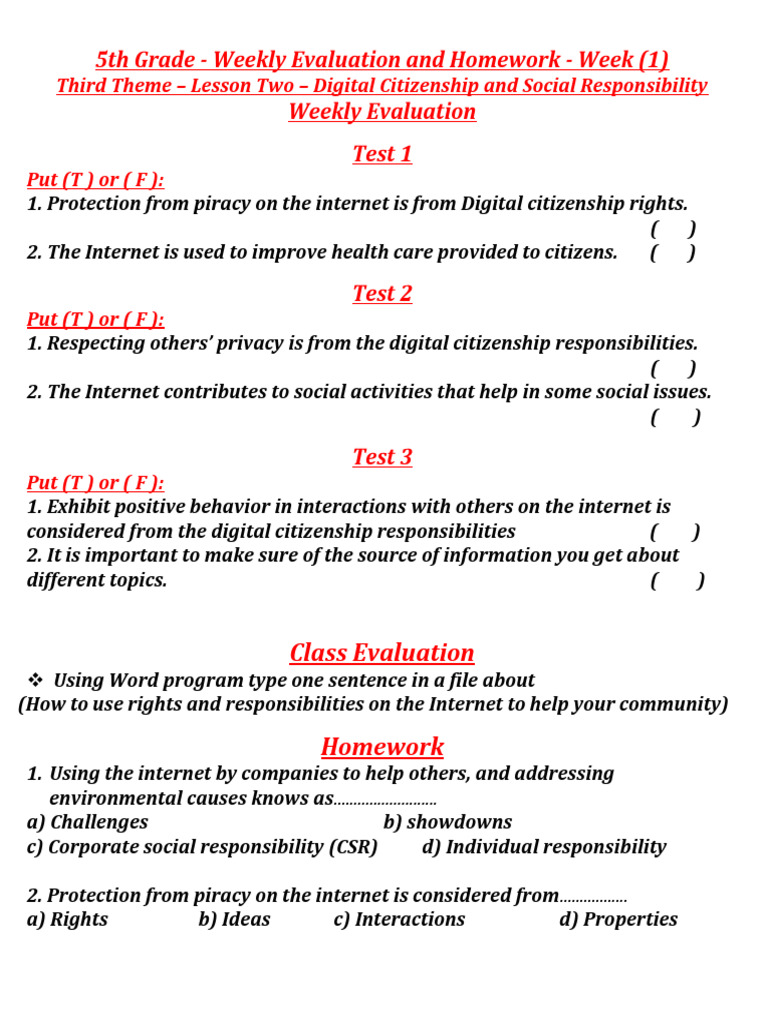 5th Grade - Weekly Evaluation and Homework - Week (1) Weekly Evaluation ...