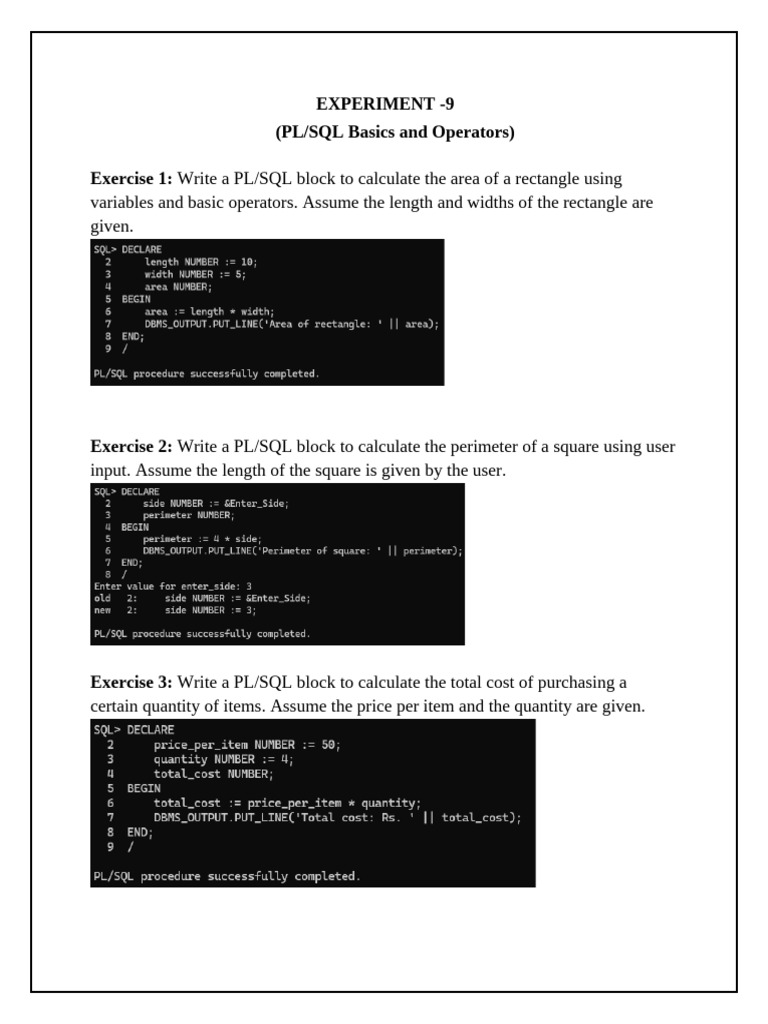 EXPERIMENT 9 (Basic PLSQL Operators) | PDF