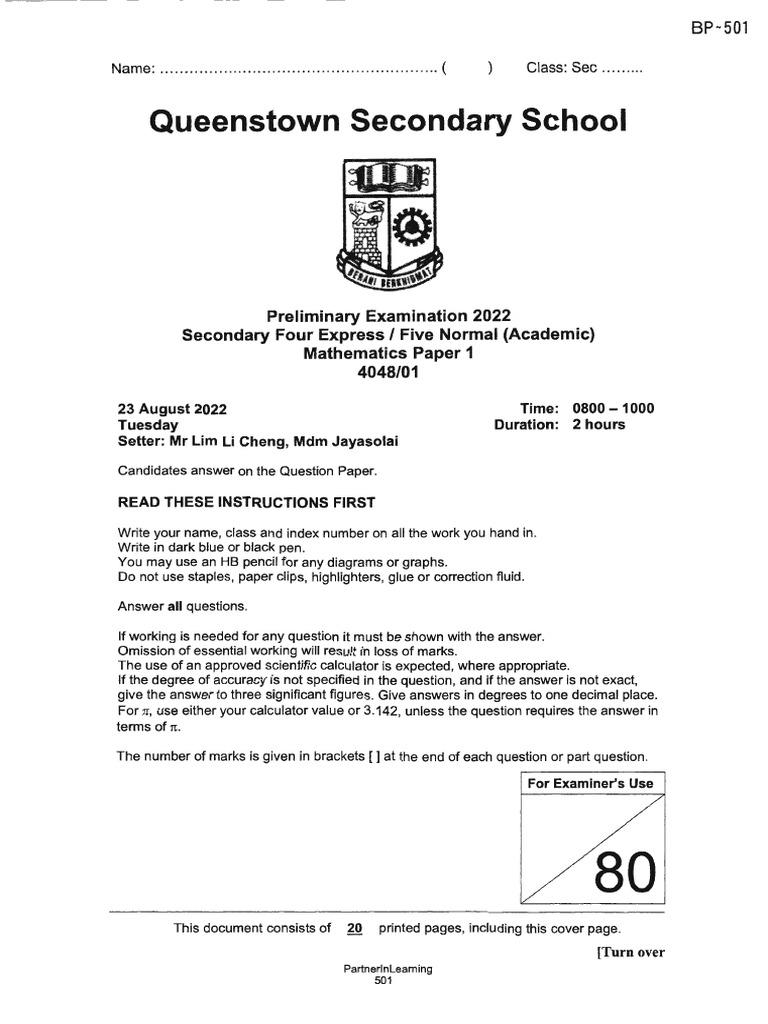 2022 Queenstown Sec Math Exam Paper | PDF | Aerobic Exercise ...