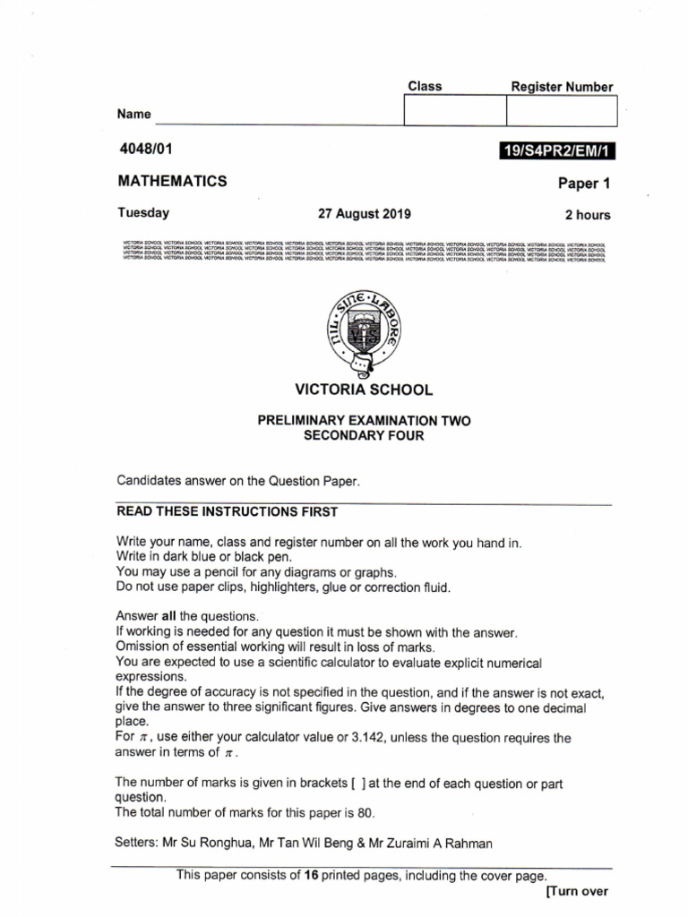 E-Math Sec 4 Sa2 2019 Victoria School | PDF
