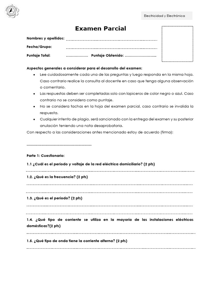 Examen Parcial Electricidad y Electronica | PDF | Inductor | Electricidad