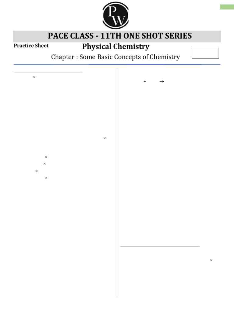 Some Basic Concepts of Chemistry - Practice Sheet - Pace Class - 11th ...