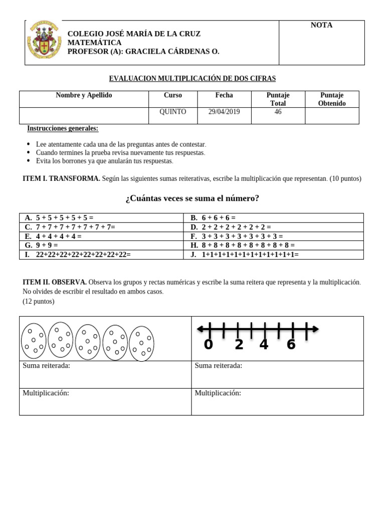 3prueba Multiplicaciondedoscifras-5to-Matematica | PDF