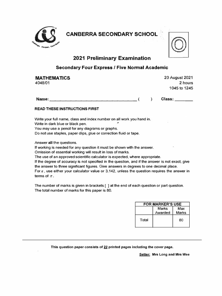 E-Math - Sec 4 Prelims Exam Paper - 2021 - Canberra Sec | PDF