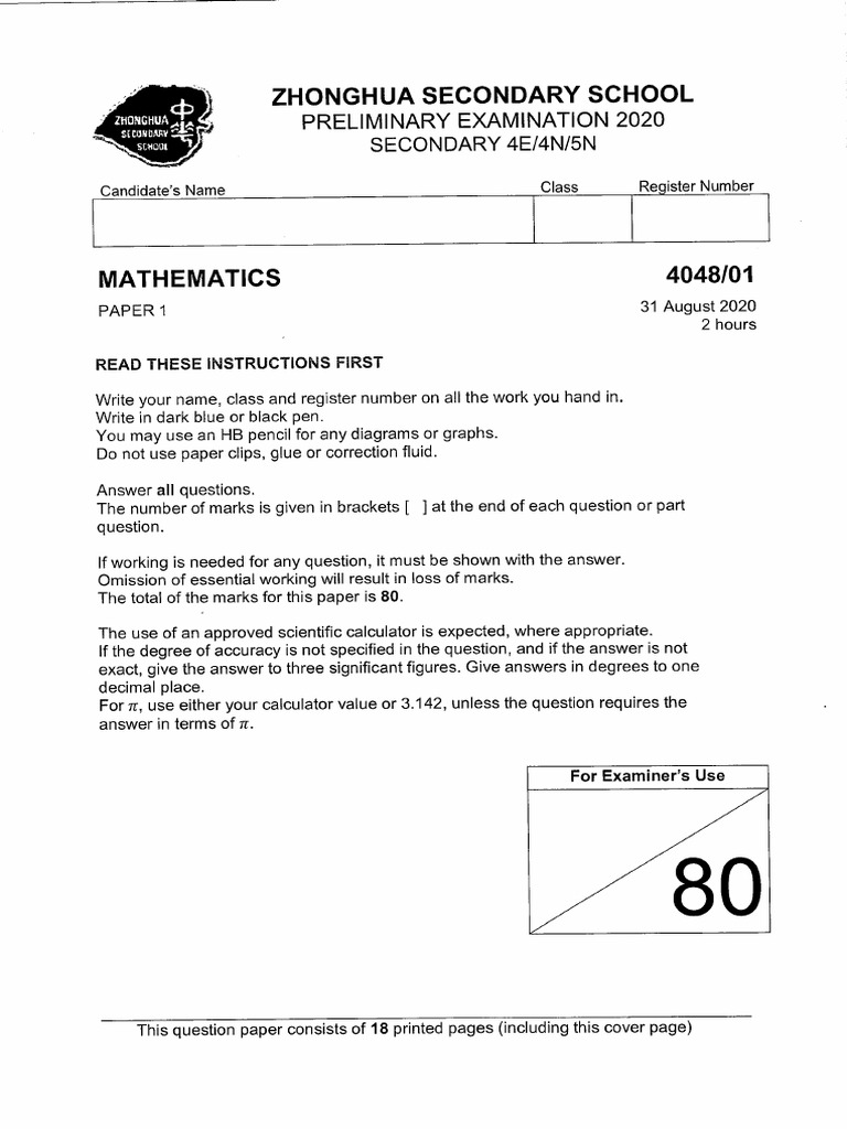 E-Math Sec 4 Prelims 2020 Zhonghua Sec | PDF