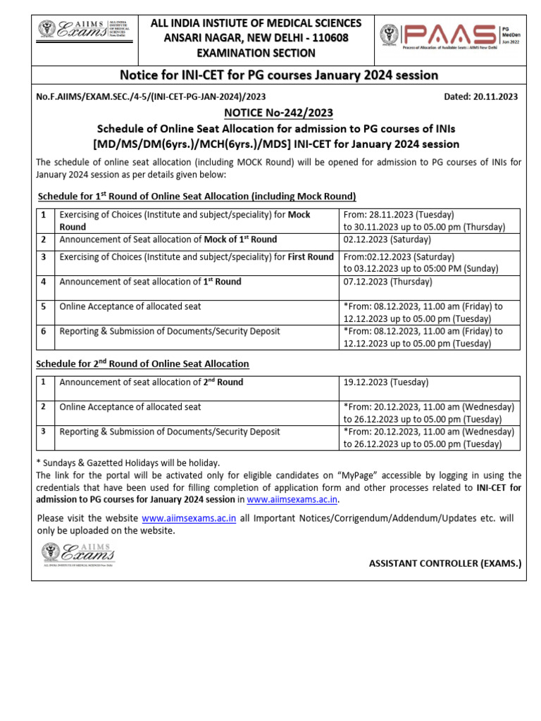 INICET Counselling Schedule | PDF | Doctor Of Medicine | Educational Stages