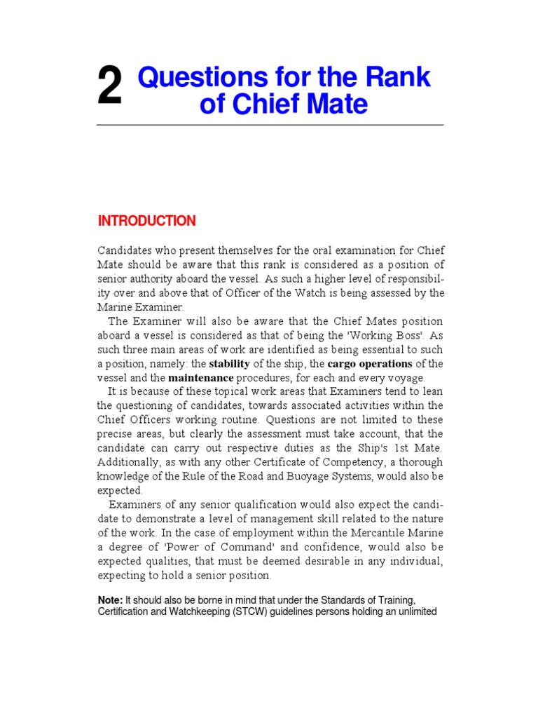 Questions for the Rank of Chief Mate | PDF | Anchor | Sea Captain