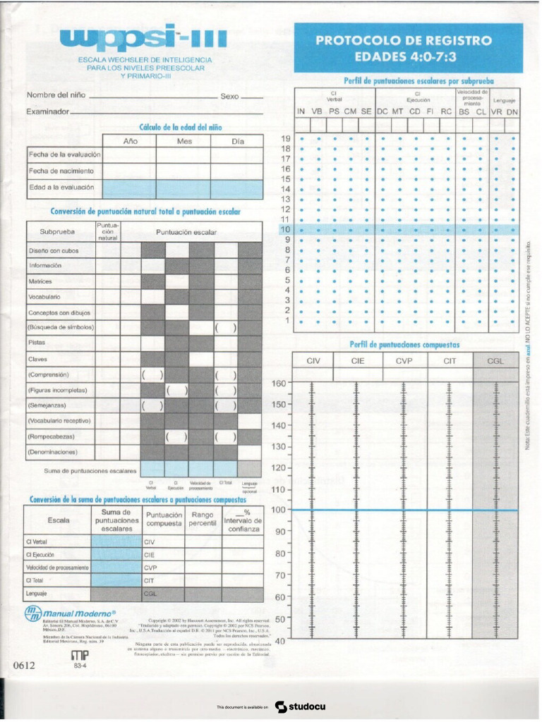 PDF Wppsi III Protocolo de Registro 4 A 7aos Compress | PDF
