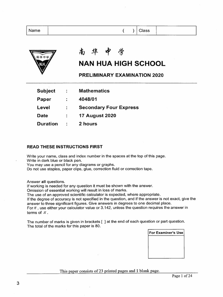 e-math sec 4 prelims 2020 nan hua | PDF