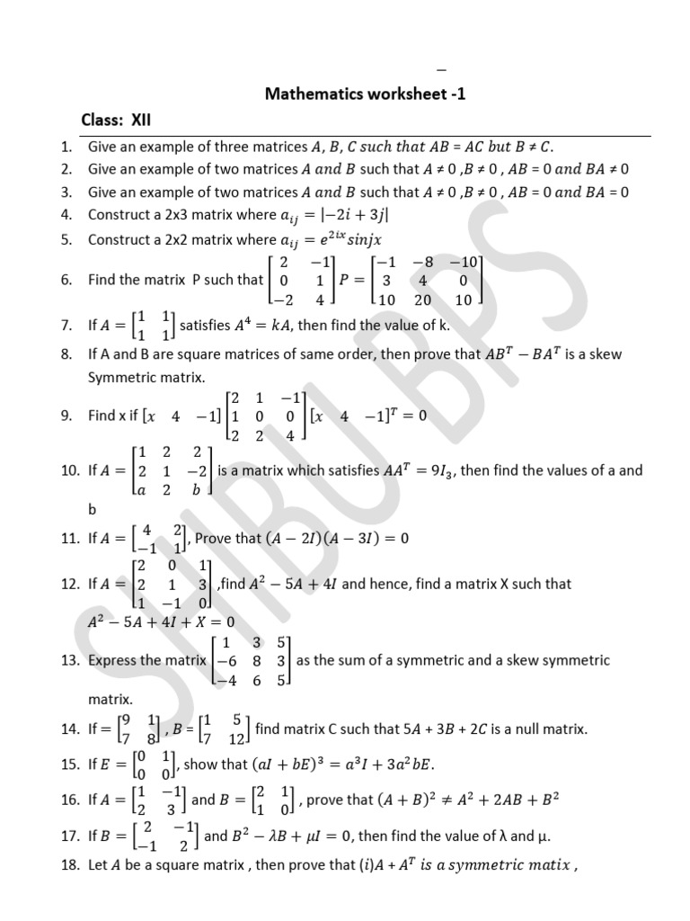 Worksheet - 1 - CH 1 - Matrices - Part 1 - Xii Math - Ay 2025 - 26 | PDF | Matrix (Mathematics ...