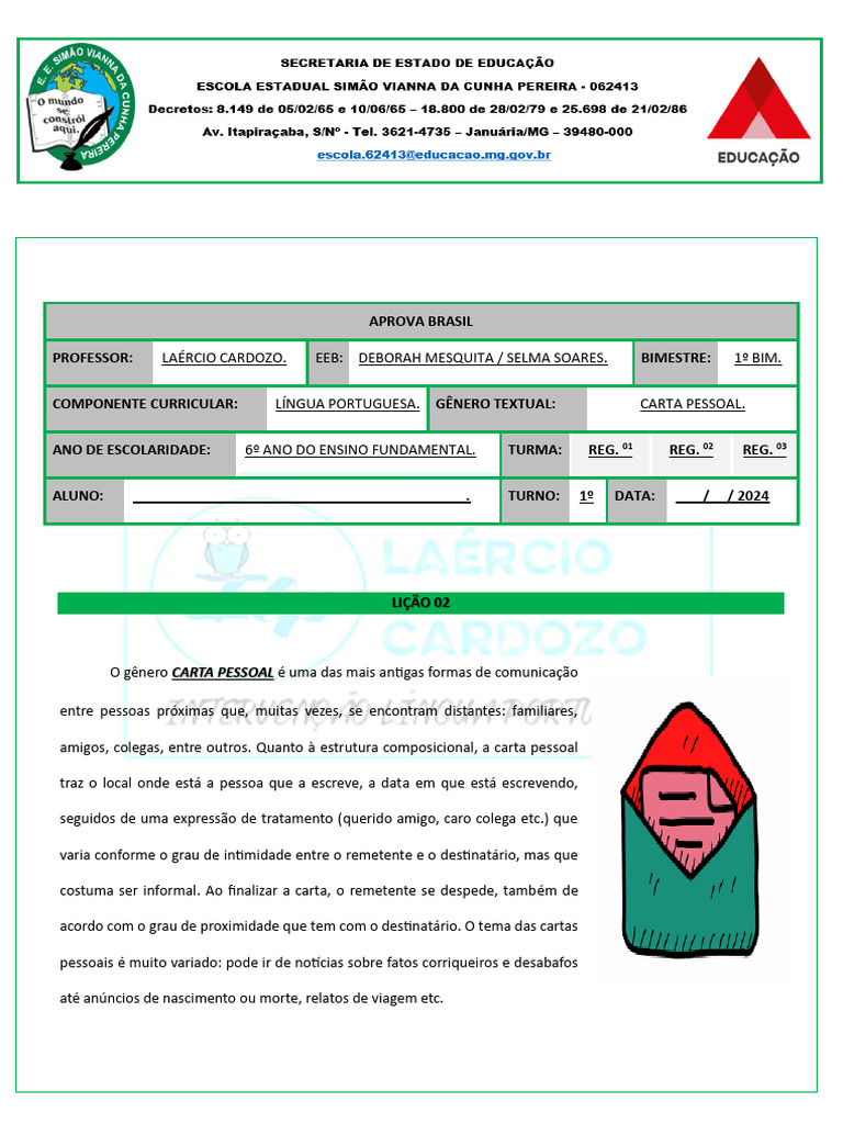 Aprova Brasil 6º Ano - Lição 02 - Carta Pessoal | PDF