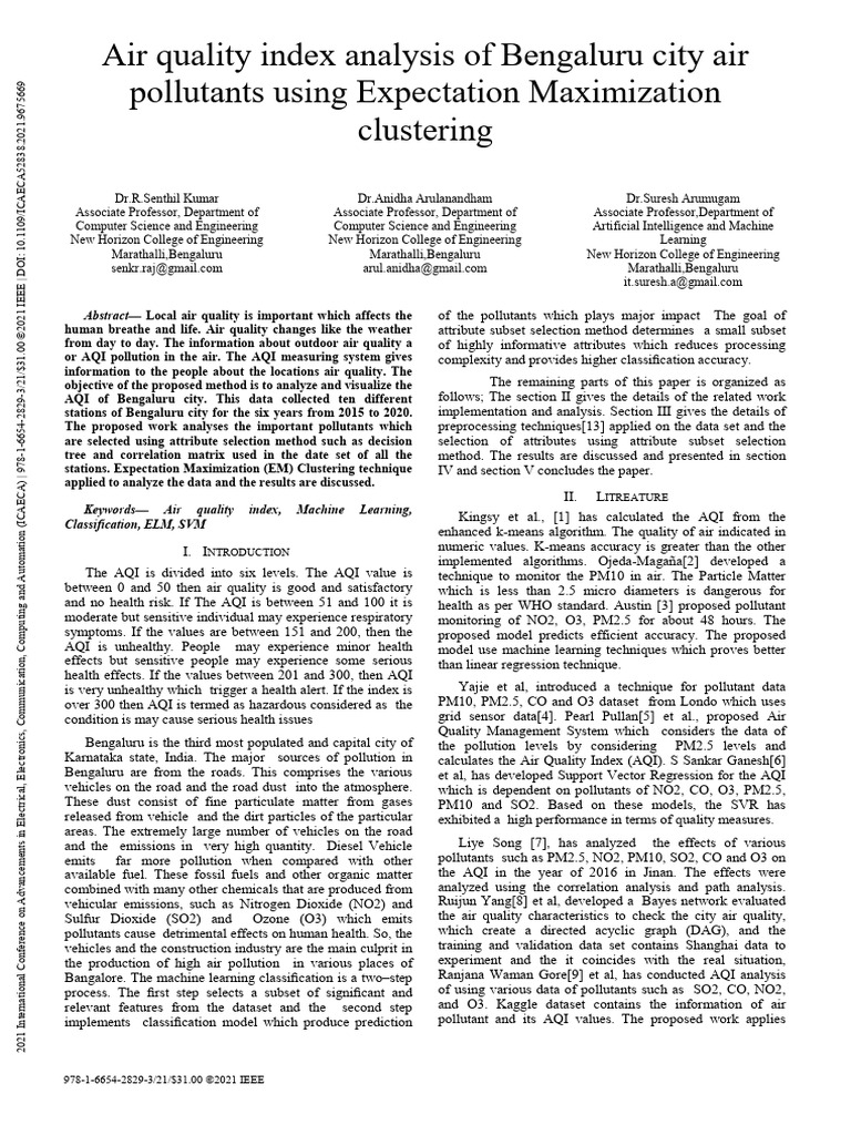 Air Quality Index Analysis of Bengaluru City Air Pollutants Using Expectation Maximization ...