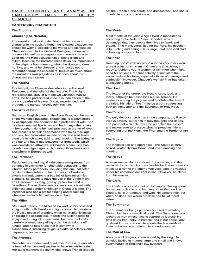 Analysis of Characters in Canterbury Tales | PDF | The Canterbury Tales