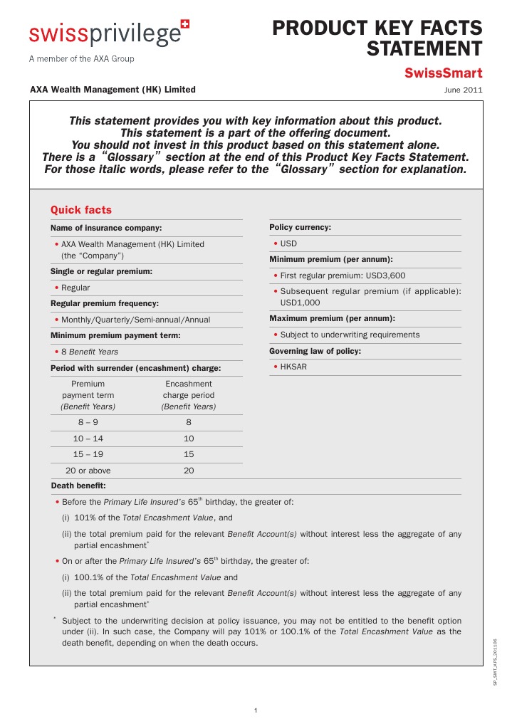 Product Key Facts Statement: Swisssmart | PDF | Insurance | Option (Finance)