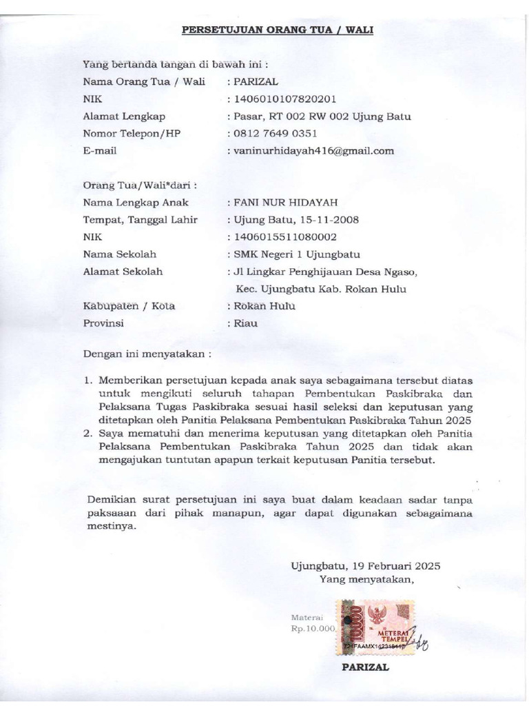 Izin Ortu Fany Nur | PDF