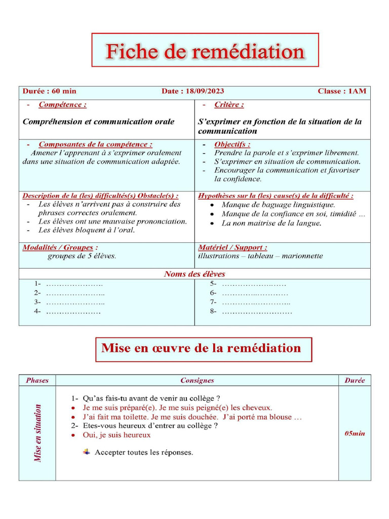 Fiche Remediation Communication Orale | PDF