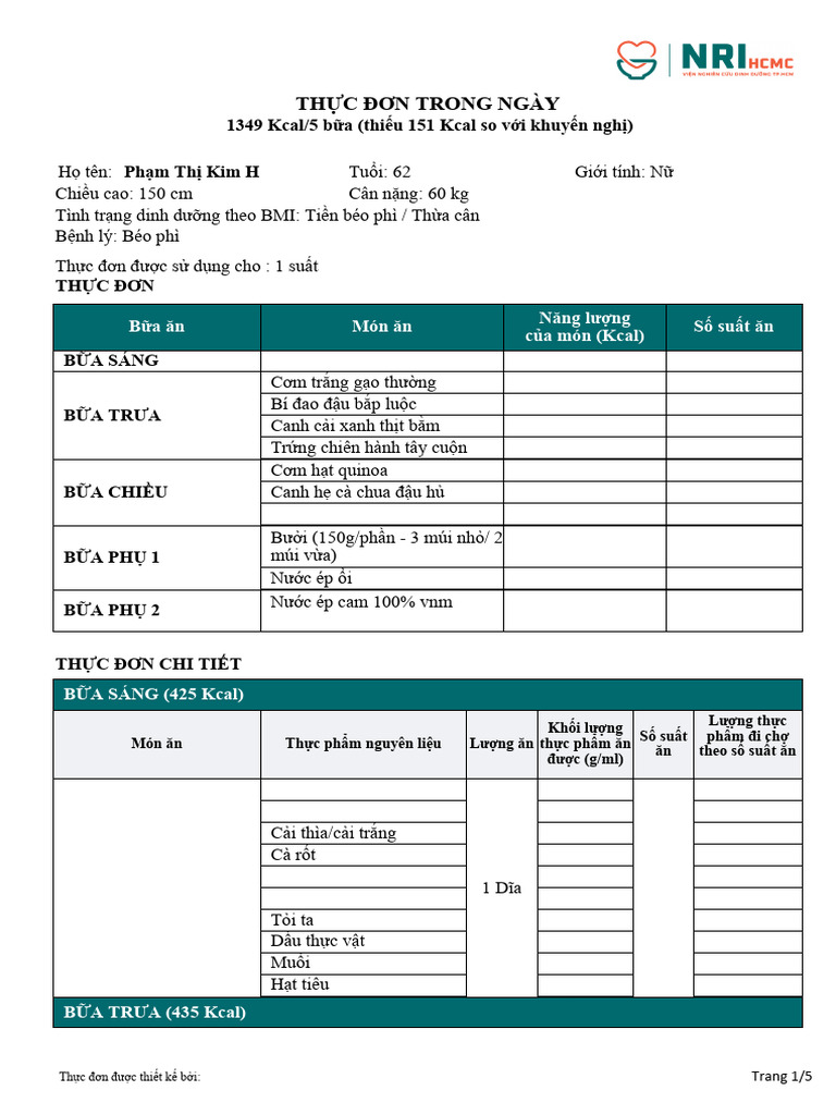 Thực Đơn Trong Ngày: 1349 Kcal/5 bữa (thiếu 151 Kcal so với khuyến nghị ...