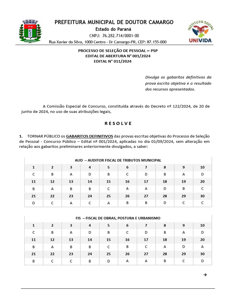 Edital 011-2024 - Divulga Gabaritos Definitivo | PDF