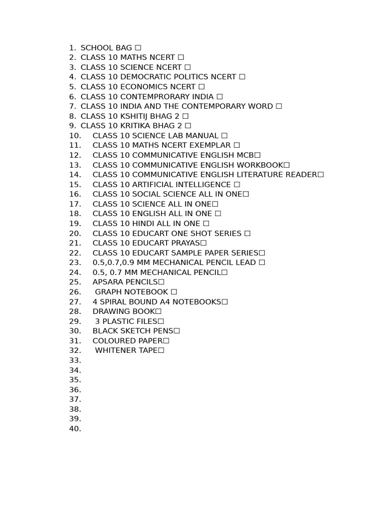 BACK TO SCHOOL List For Class 10 Cbse | PDF