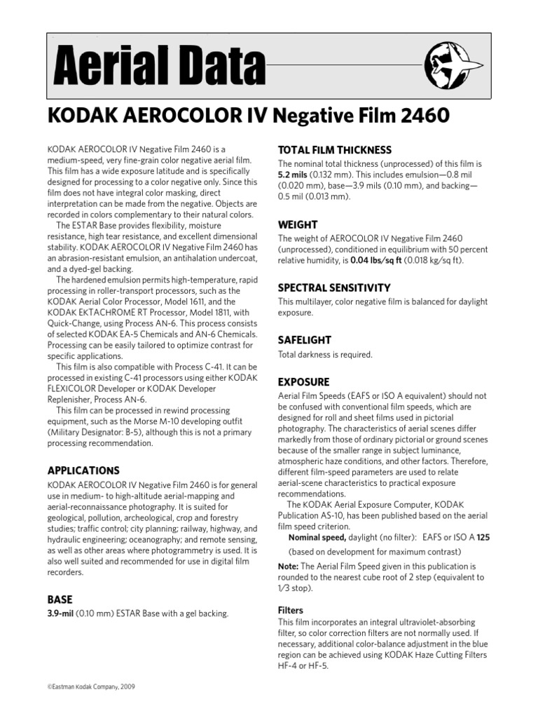KODAK AEROCOLOR III Negative Film 2460 Datasheet en | PDF | Film Speed | Refrigerator