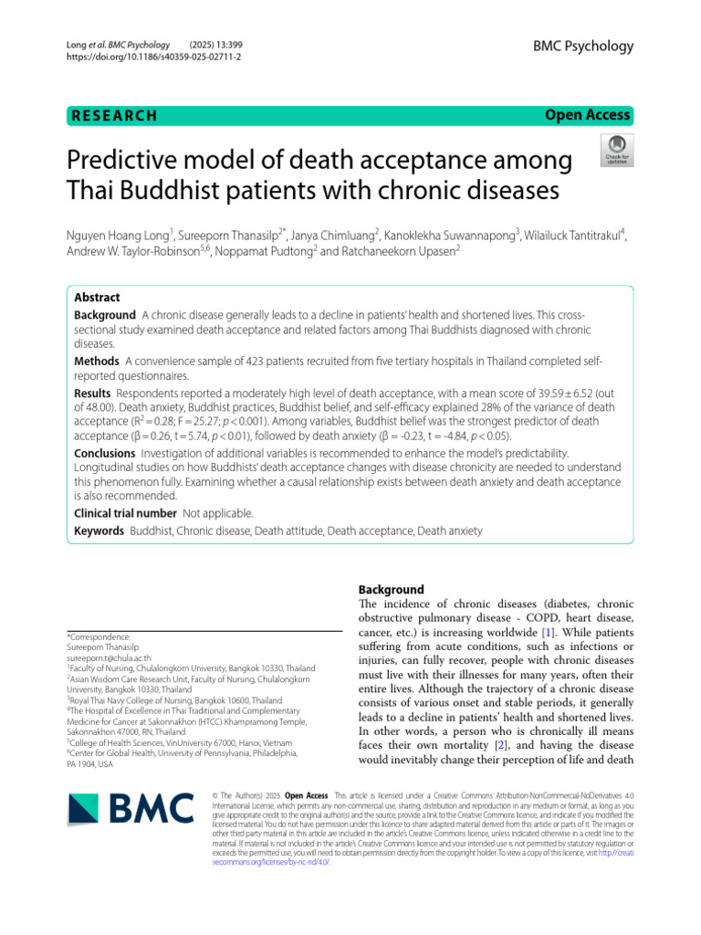 Predictive Model of Death Acceptance Among Thai Buddhist Patients With Chronic Diseases. (2025 ...