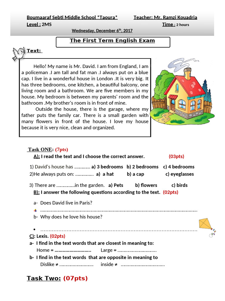 2MS - First Term English Exam - by Teacher Ramzi Kaouadria 2017-2018 | PDF | Home | Room