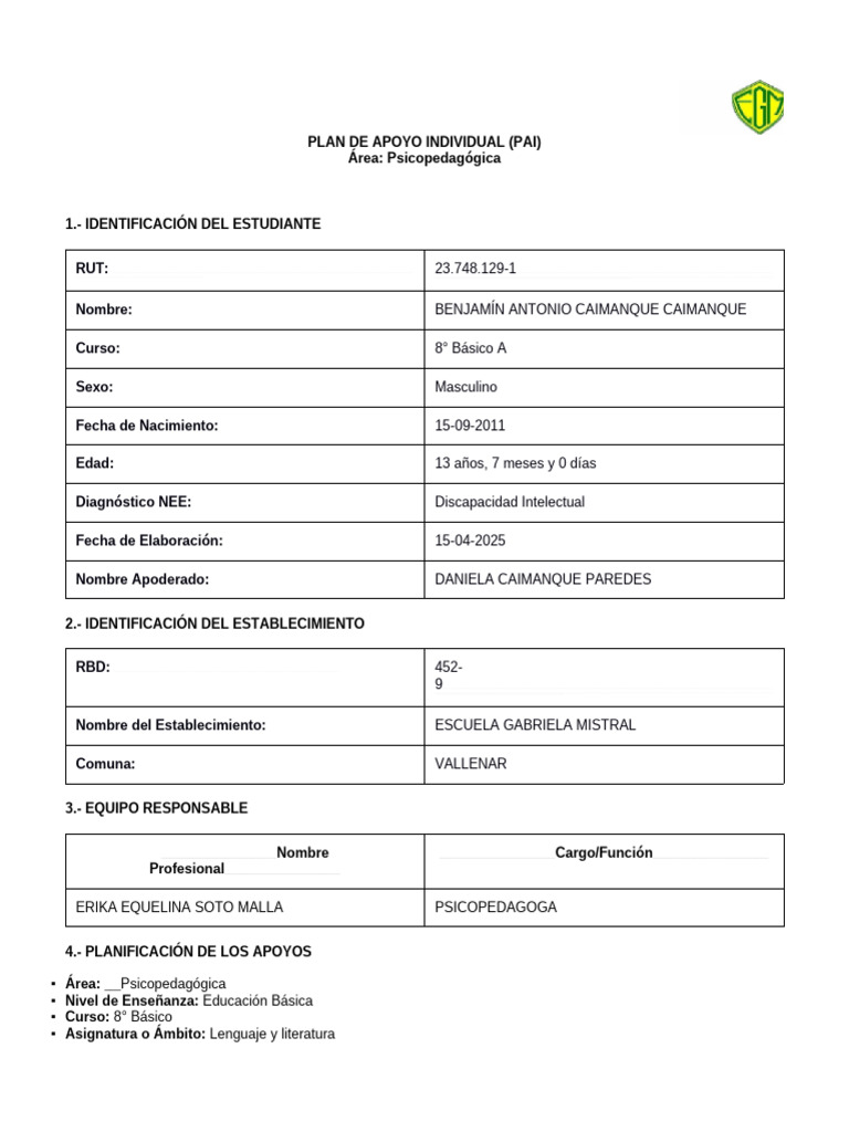 Informe PAI - BENJAMÍN - CAIMANQUE - CAIMANQUE - 8° Básico - A - 2025 ...