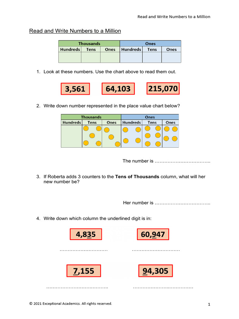 Read and Write Numbers To A Million | PDF