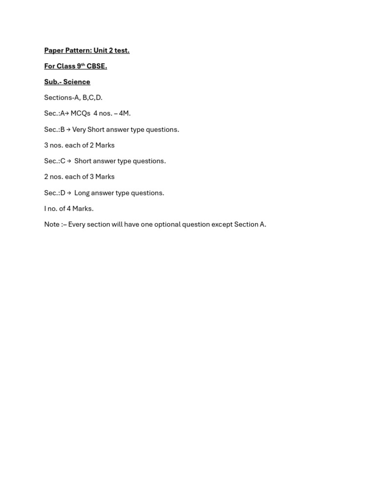 Paper Pattern Class 9th CBSE Unit 2 Test | PDF