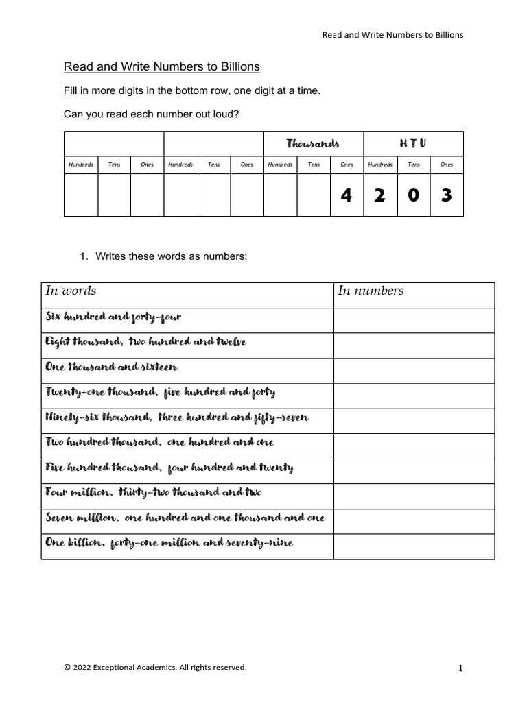 Read and Write Numbers to Billions | PDF